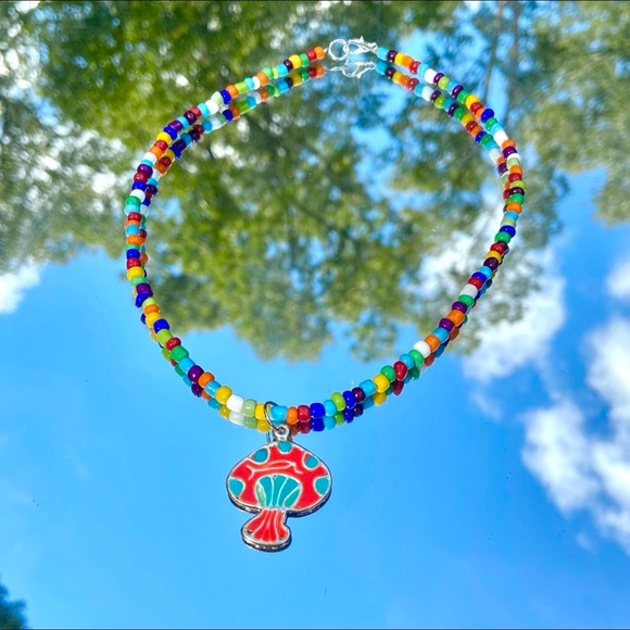Jewelry | Rainbow Beaded Necklace With An 8s Vintage Shroom Charm ...